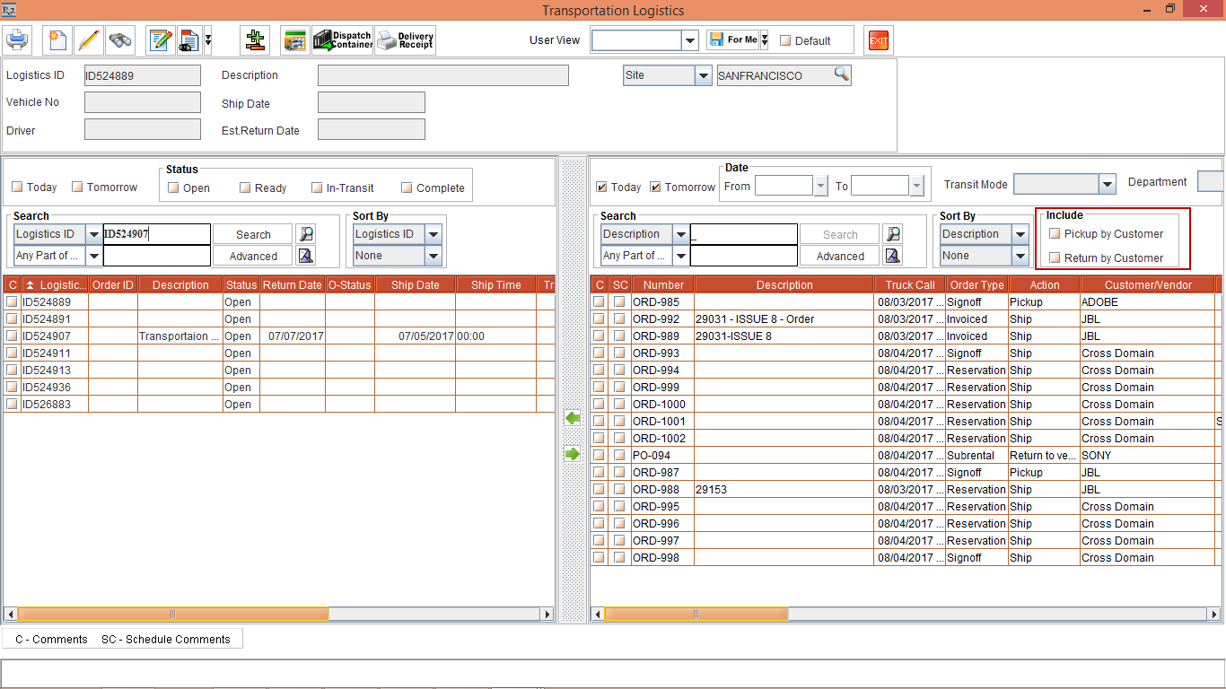 Additional option to search from Pickup/Return by Customer orders in the Transportation ...